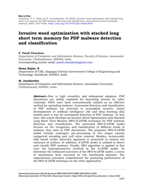 pdf invasive weed optimization with stacked long short term memory for pdf malware detection