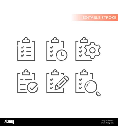 Clipboard With Checklist Line Vector Icon Set Check Mark Gear Clock
