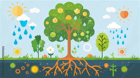 Photosynthesis Process Tree Produce Oxygen Using Rain And Sun Diagram