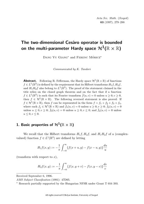 pdf the two dimensional cesàro operator is bounded on the multi parameter hardy space ℋ 1 ℝ×ℝ