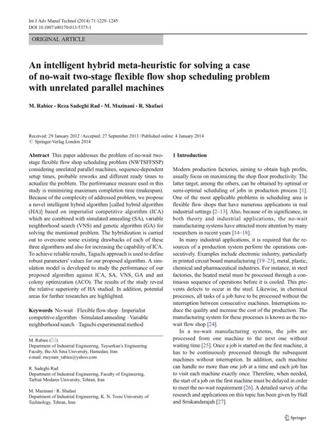 pdf an intelligent hybrid meta heuristic for solving a case of no wait two stage flexible flow