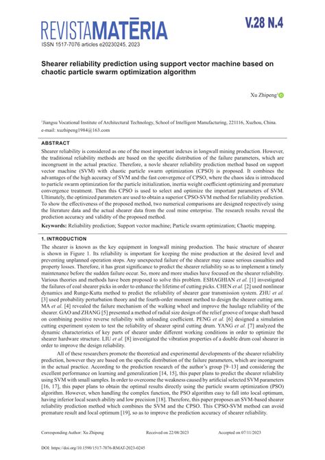 pdf shearer reliability prediction using support vector machine based on chaotic particle
