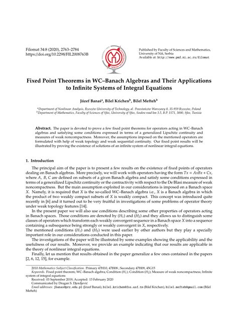 pdf fixed point theorems in wc banach algebras and their applications to infinite systems of