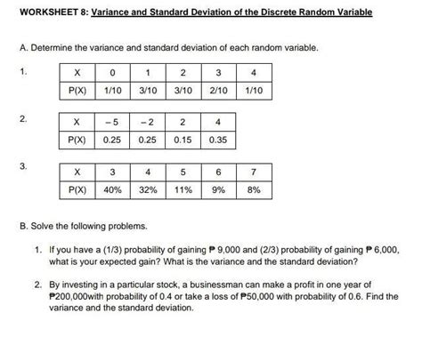 WORKSHEET 8 Variance And Standard Deviation Of The Discrete Random