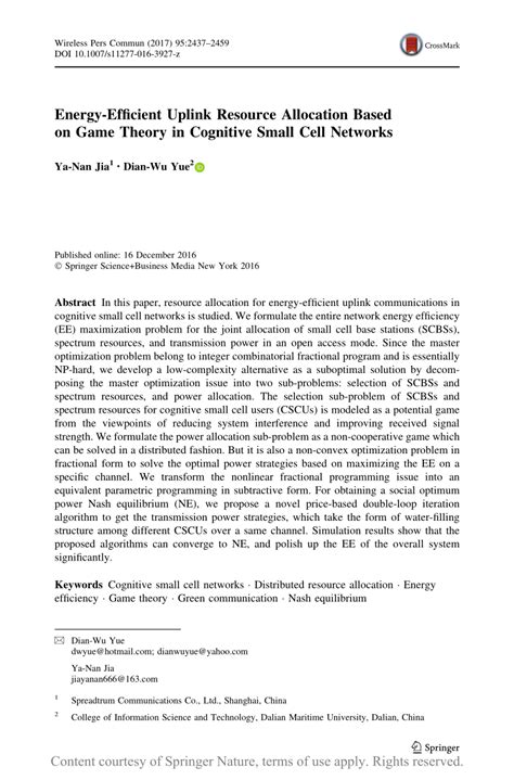 energy efficient uplink resource allocation based on game theory in cognitive small cell networks