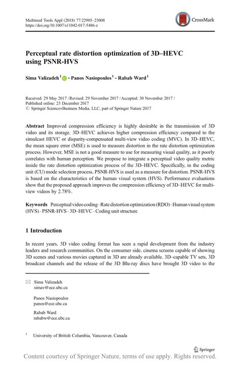 perceptual rate distortion optimization of 3d hevc using psnr hvs request pdf