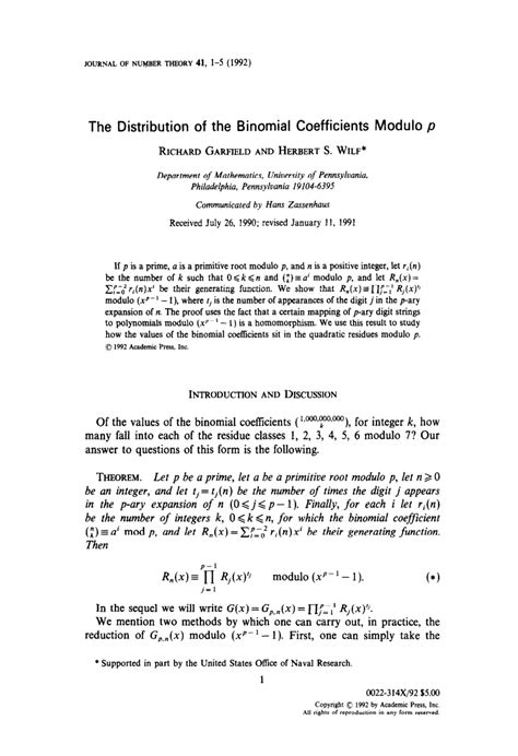 pdf the distribution of the binomial coefficient modulo p