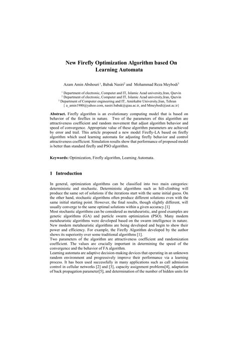 pdf new firefly optimization algorithm based on learning automata