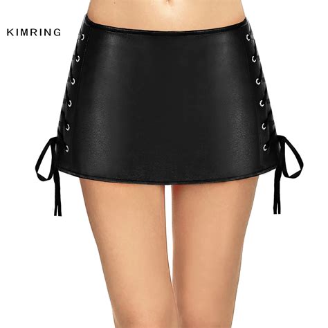 Buy Kimring Women Fashion Sexy Faux Leather Skirt Gothic Black Flare Skirt Mini