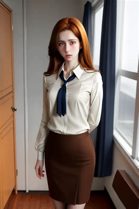 Dopamine Girl Standing Natural Auburn Hair Small Breasts Pale Embarrassed Light Eyes Shy