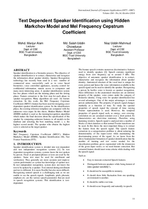 pdf text dependent speaker identification using hidden markchov model and mel frequency