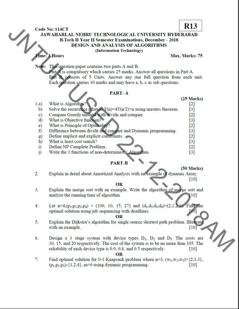 jntuh b tech design and analysis of algorithms december 2018 question paper university
