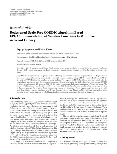 pdf redesigned scale free cordic algorithm based fpga implementation of window functions to