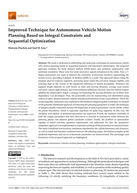 pdf improved technique for autonomous vehicle motion planning based on integral constraints