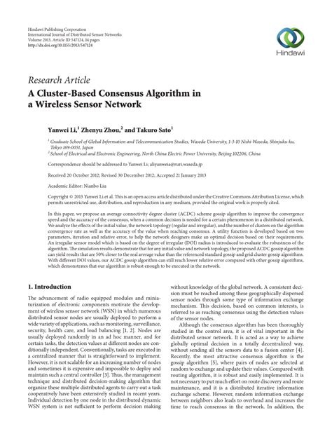 pdf a cluster based consensus algorithm in a wireless sensor network