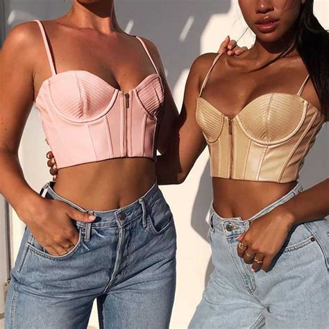Front Zip Up Faux Leather Underwired Bustier Crop Top Tanks Sunifty