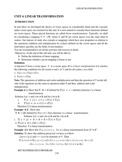 unit 4 linear transformation v t u t v u t u ct cu t pdf linear map basis linear algebra