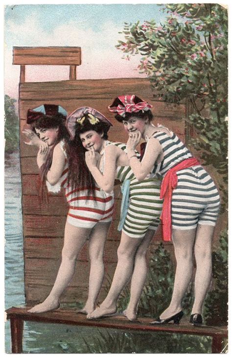 Edwardian Bathing Beauties Amusing Edwardian Era Postcard Of 3 Women In Their Striped Bathing
