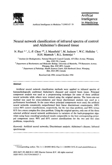 pdf neural network classification of infrared spectra of control and alzheimer s diseased tissue