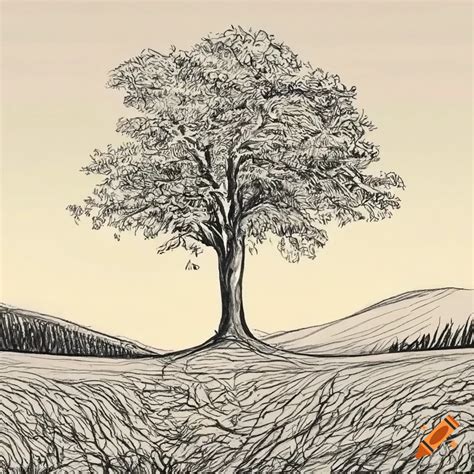 Minimalist Pencil Drawing Of An Oak Tree In Rolling Hills On An Early