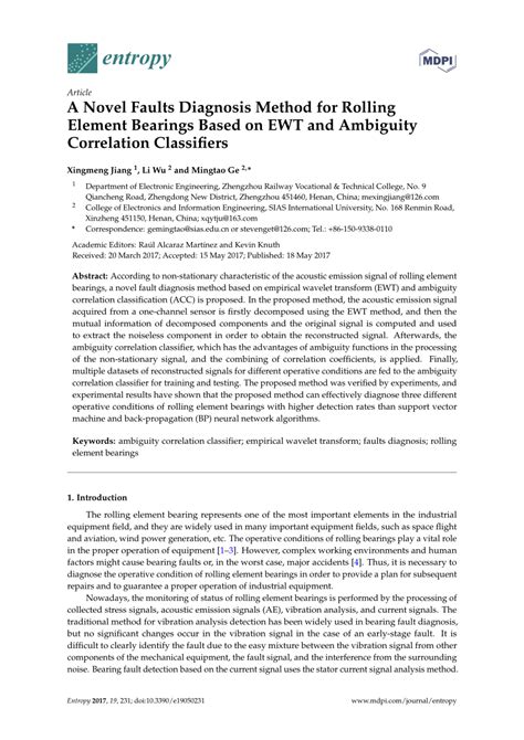 pdf a novel faults diagnosis method for rolling element bearings based on ewt and ambiguity