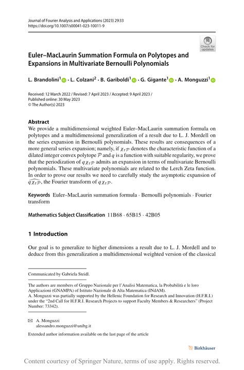 pdf euler maclaurin summation formula on polytopes and expansions in multivariate bernoulli