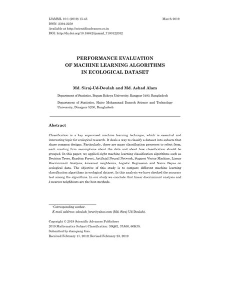 pdf performance evaluation of machine learning algorithms in ecological dataset