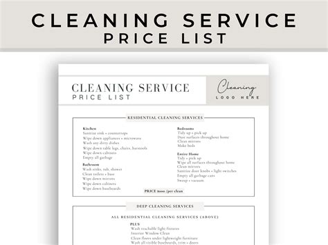 Professional Cleaning Service Pricing List Editable Pricing List House