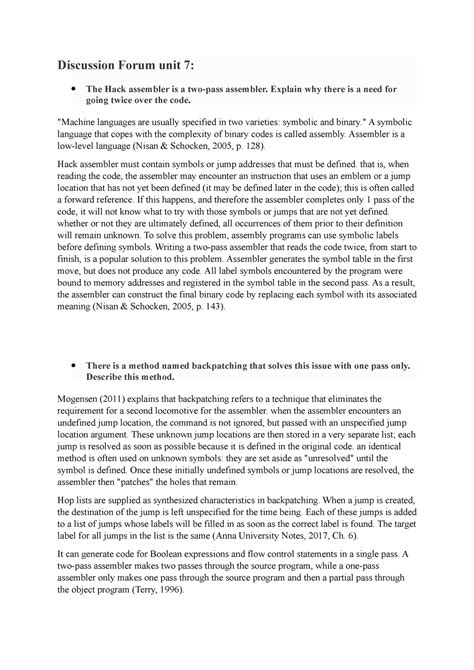 discussion forum unit 7 cs 1104 discussion forum unit 7 the hack assembler is a two pass