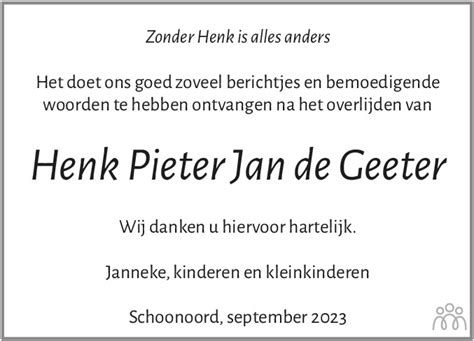 Henk Pieter Jan De Geeter 17 08 2023 Overlijdensbericht En Condoleances