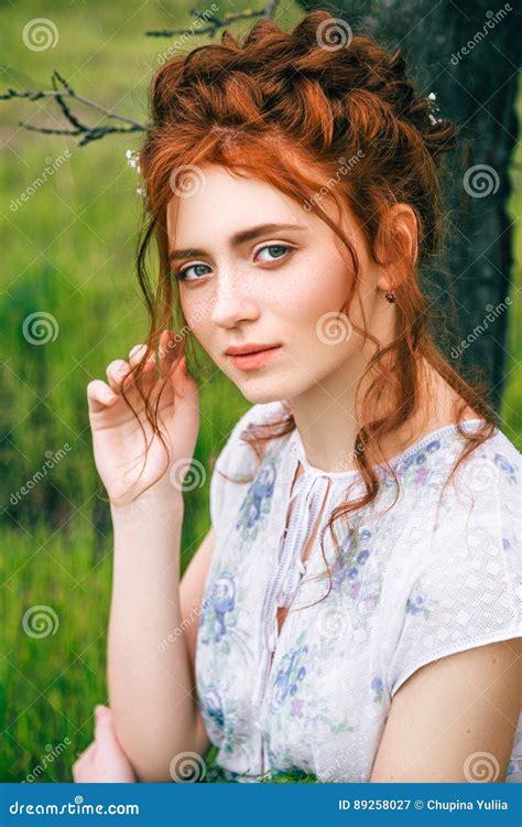 Portrait Of A Beautiful Redhead Girl Stock Image Image Of Forest Happy 89258027