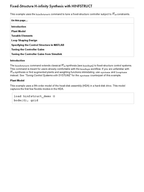 fixed structure h infinity synthesis with hinfstruct matlab and simulink mathworks india pdf