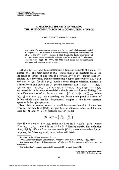 pdf a matricial identity involving the self commutator of a commuting n tuple