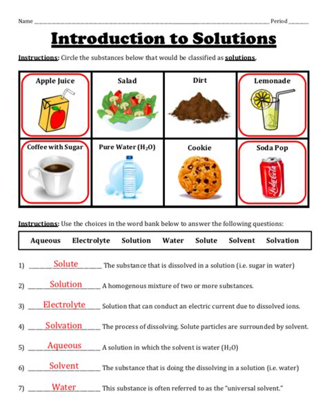 introduction to solutions worksheet set solutes solvents and saturation chemistry