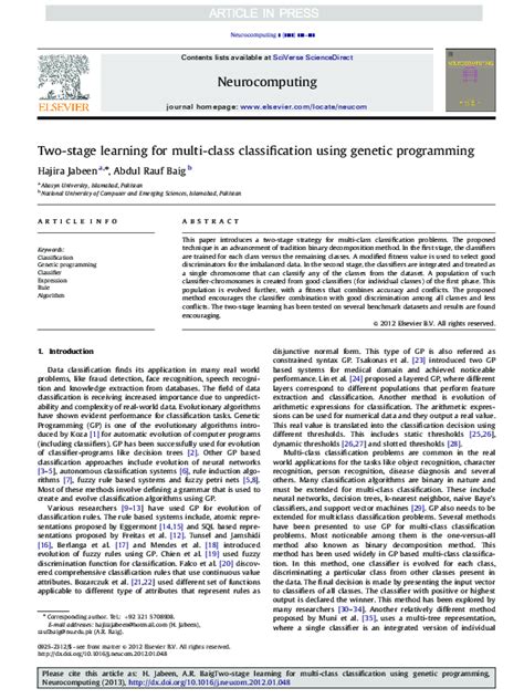 pdf two stage learning for multi class classification using genetic programming abdul rauf
