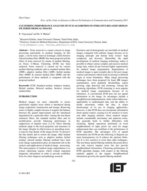 pdf clustering performance analysis of fcm algorithm on iterative relaxed median filtered