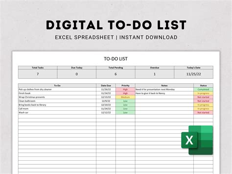 To Do List Excel Spreadsheet Digtial Excel Template Digital Checklist