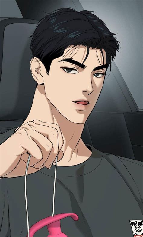 An Anime Character With Black Hair Holding A Pink Soap Dispenser In His
