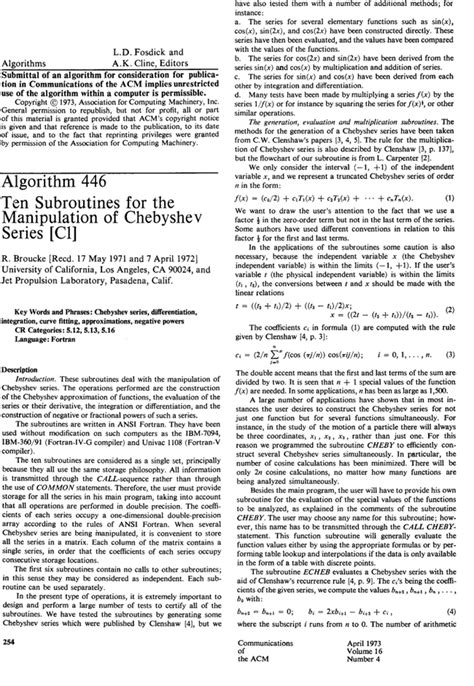algorithm ten subroutines for the manipulation of chebyshev series communications of the acm