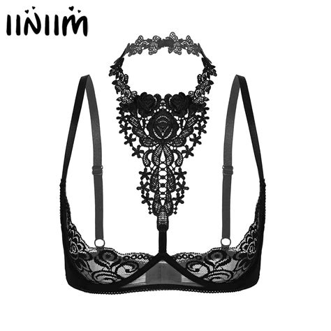Womens Lingerie Open Cup Exposed Nipples Bra Tops Floral Lace Underwired Unlined Bra Tops Halter