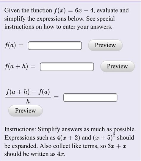 solved given the function f x 6x 4 evaluate and