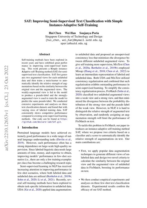sat improving semi supervised text classification with simple instance adaptive self training