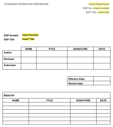 Standard Operating Procedure Template Excel