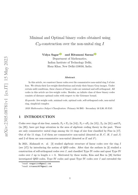 pdf minimal and optimal binary codes obtained using c d construction over the non unital ring i