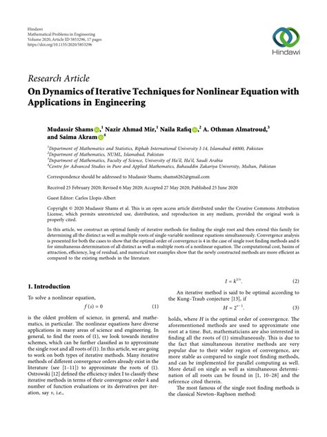 pdf on dynamics of iterative techniques for nonlinear equation with applications in engineering