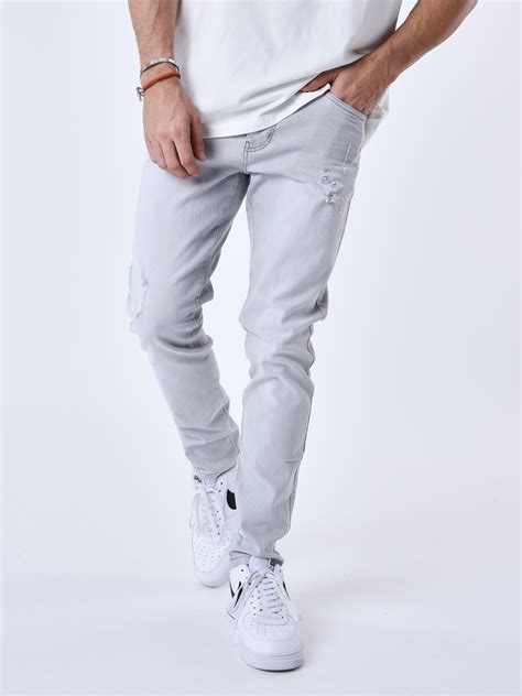 Slim Ripped Jeans With Holes Light Grey