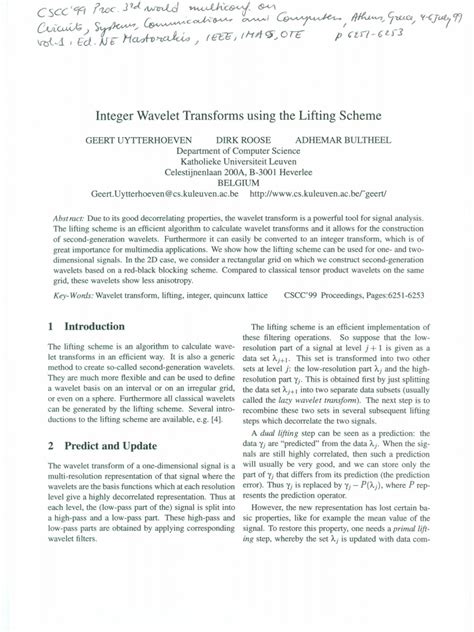pdf integer wavelet transforms using the lifting scheme