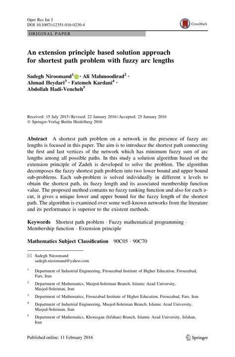 pdf an extension principle based solution approach for shortest path problem with fuzzy arc