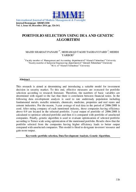pdf portfolio selection using dea and genetic algorithm mehdi yarbod