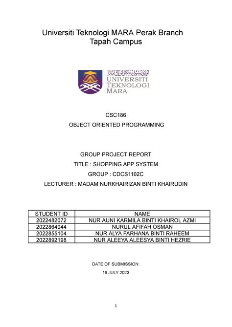 csc186 final report universiti teknologi mara perak branch tapah campus csc object oriented